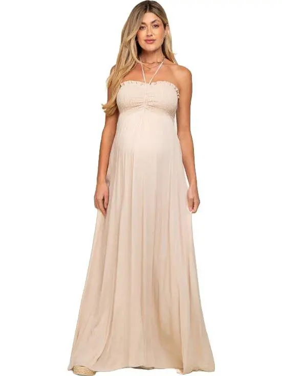 PINKBLUSH Smocked Halter Maxi Dress - Beige