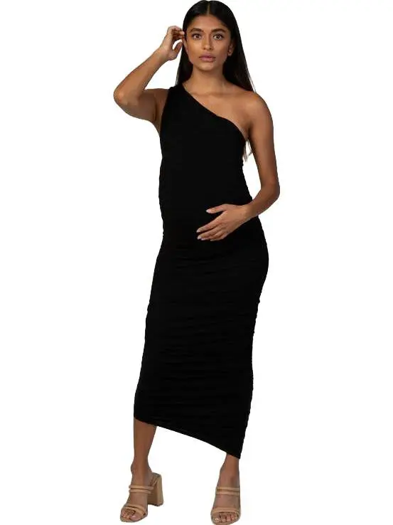 PINKBLUSH Ruched One Shoulder Maternity Dress - Black