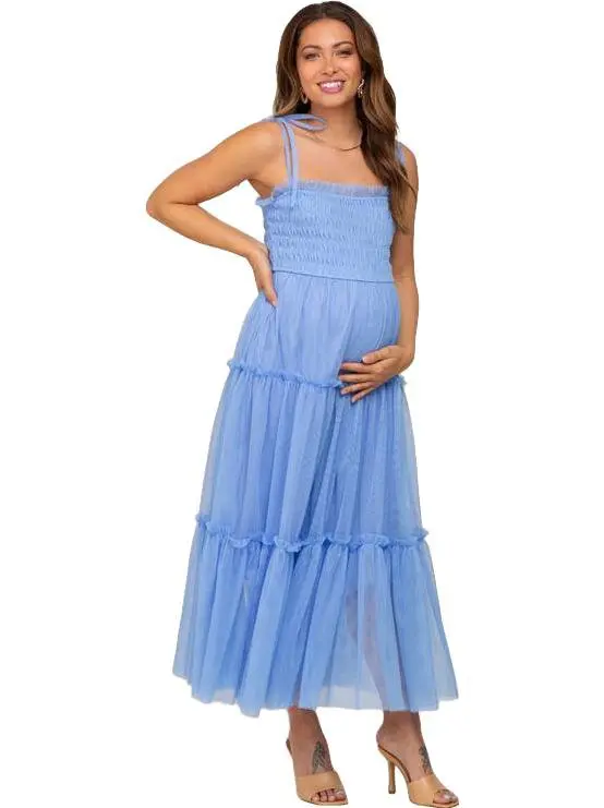 PINKBLUSH Smocked Mesh Maternity Midi Dress - Light Blue