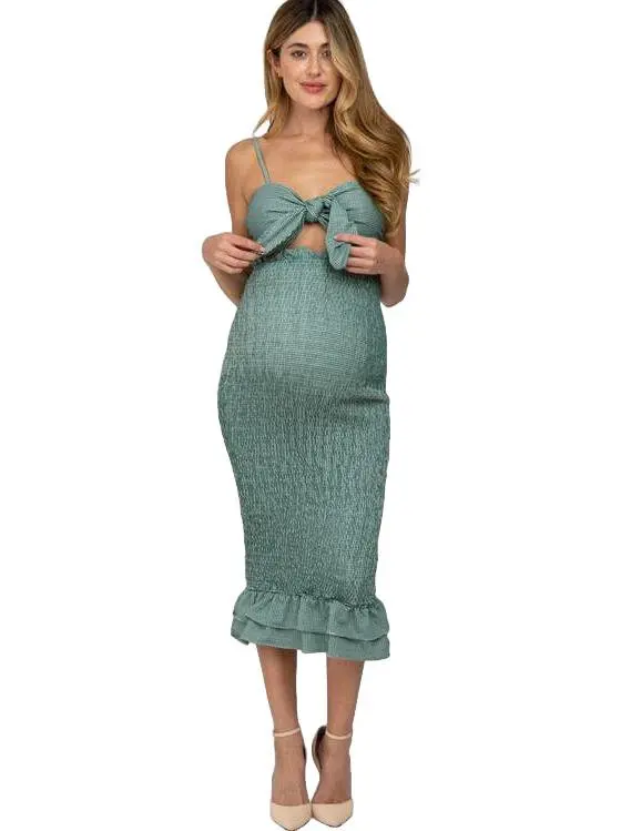 PINKBLUSH Gingham Print Smocked Maternity Midi Dress - Green