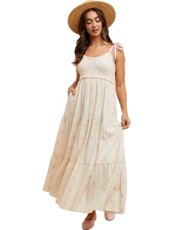 PINKBLUSH Embroidered Smocked Shoulder Tie Maternity Maxi Dress - Cream