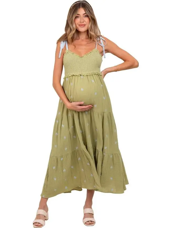 PINKBLUSH Embroidered Smocked Shoulder Tie Maxi Dress - Light Olive