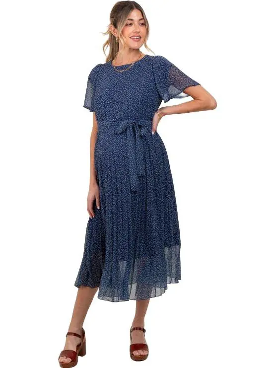 PINKBLUSH Leaf Print Pleated Midi Maternity Dress - Navy Blue