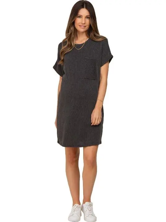 PINKBLUSH Ribbed Front Pocket Dolman Short Sleeve Dress - Charcoal Grey