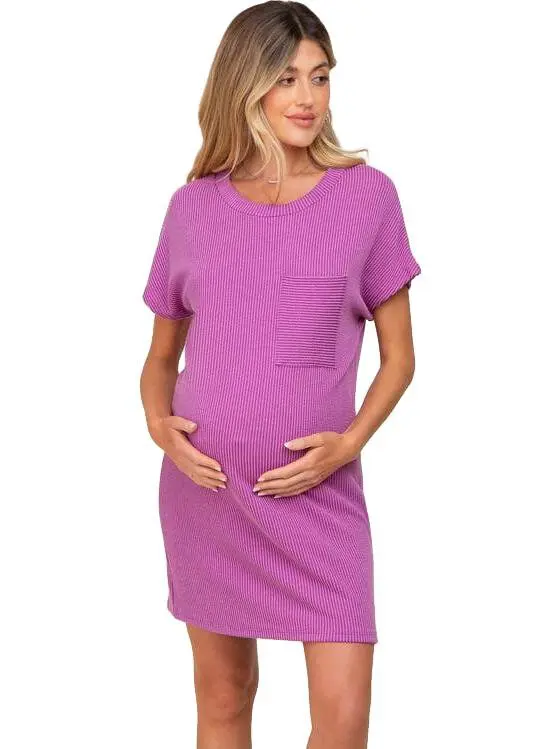 PINKBLUSH Ribbed Front Pocket Dolman Short Sleeve Dress - Violet