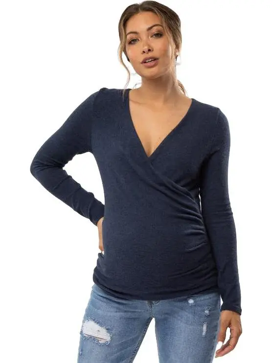 PINKBLUSH Brushed Knit Wrap Front Top - Navy Blue