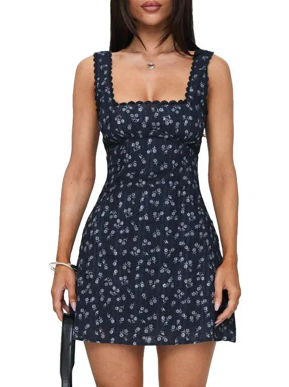 Princess Polly Floral Cotton Fit & Flare Mini Dress - Navy Floral