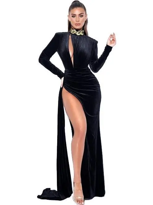 MISS CIRCLE Zenaida High Slit Velvet Maxi Gown - Black