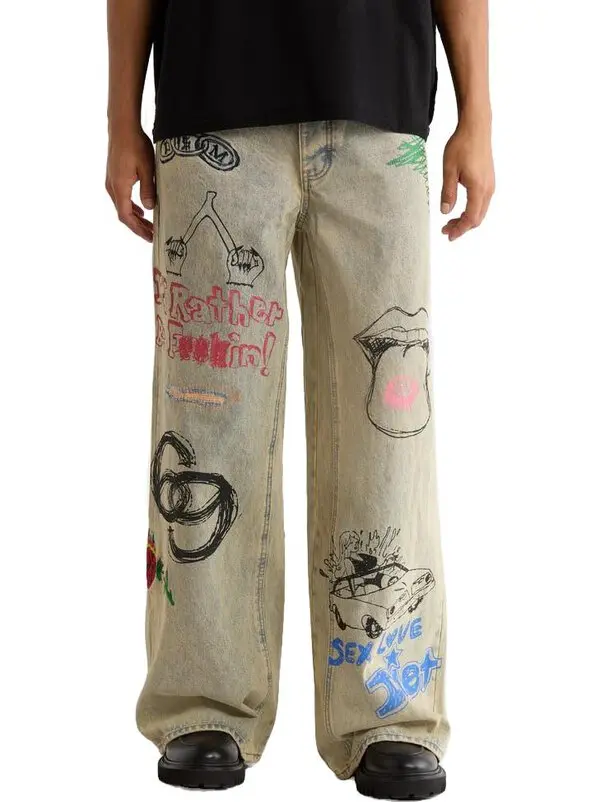 DIET STARTS MONDAY Doodle Distressed Wide Leg Jeans - Sand