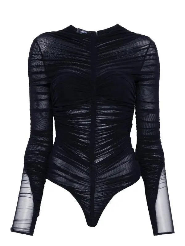 MUGLER Mesh Ruched Bodysuit - Black