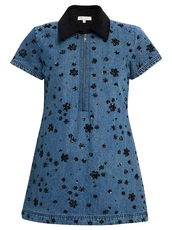 Ramy Brook Rita Embellished Denim Mini Dress - Floral Bead Denim