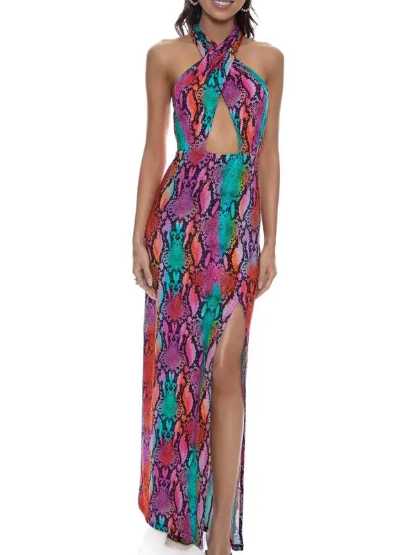 Luli Fama Halter Neck Cut Out Long Dress - Multi-purple