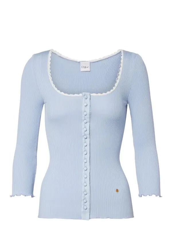 Chloé Lace-trimmed Ribbed Cotton Cardigan - Blue