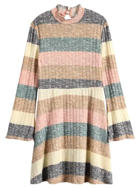 LOVE, FIRE Striped Ribbed Sweater Dress - Green/pink Stripe