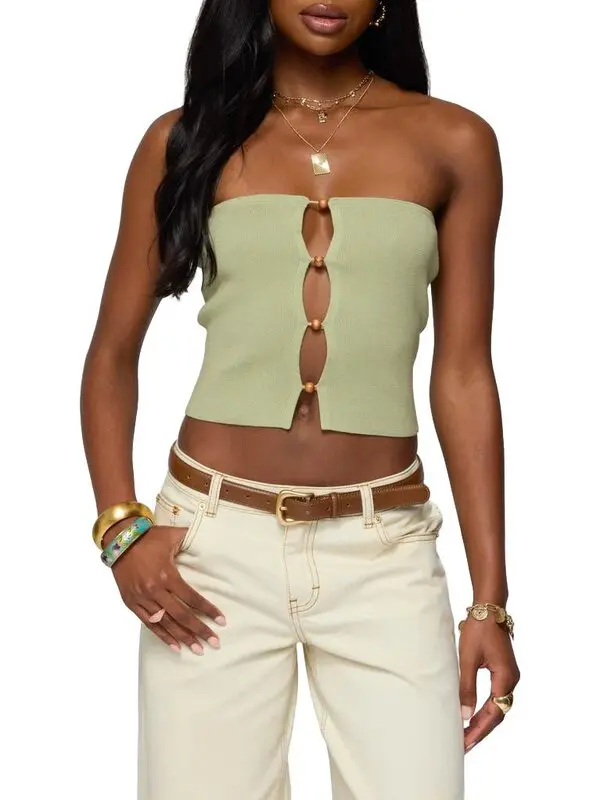 EDIKTED Beaded Cutout Strapless Crop Top - Sage