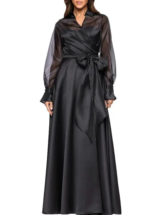 XSCAPE EVENINGS Long Sleeve Organza A-line Gown - Black