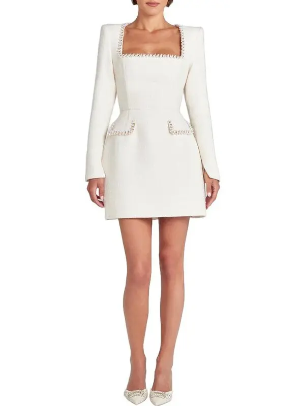 NADINE MERABI Natalie Beaded Long Sleeve Sheath Minidress - Cream