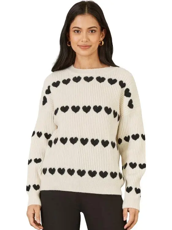 YUMI Knitted Heart Striped Sweater - Ivory