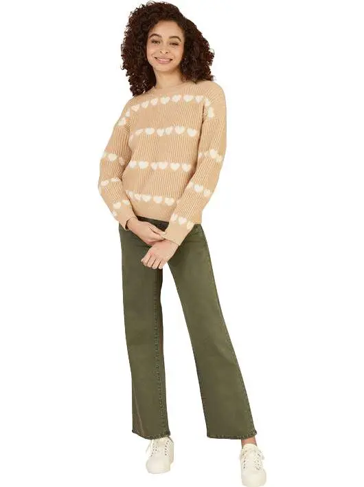 YUMI Knitted Heart Striped Sweater - Oatmeal
