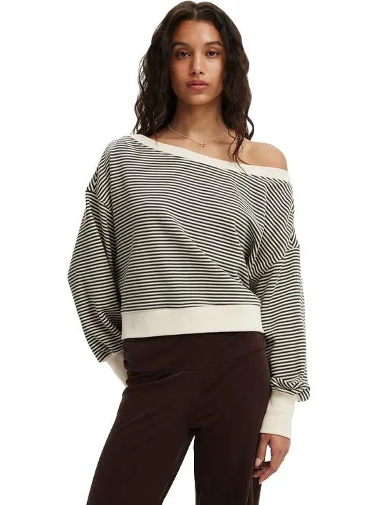 COTTON ON Off Shoulder Fleece Sweatshirt - Cream Slate Stripe