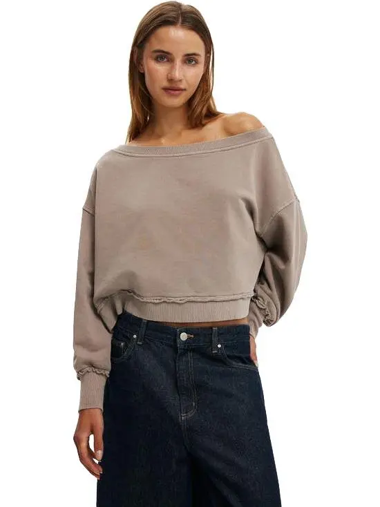 COTTON ON Off Shoulder Fleece Sweatshirt - Washed Mocha