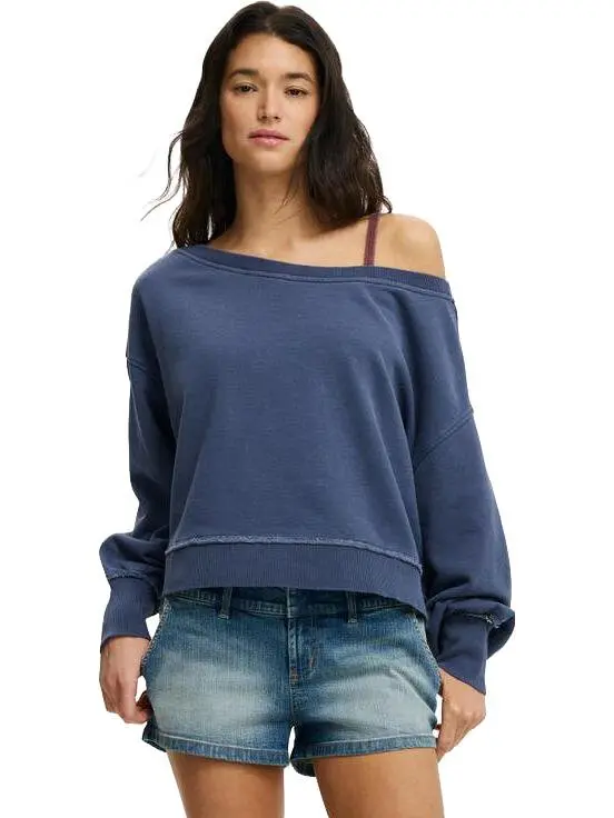 COTTON ON Off Shoulder Fleece Sweatshirt - Washed Navy