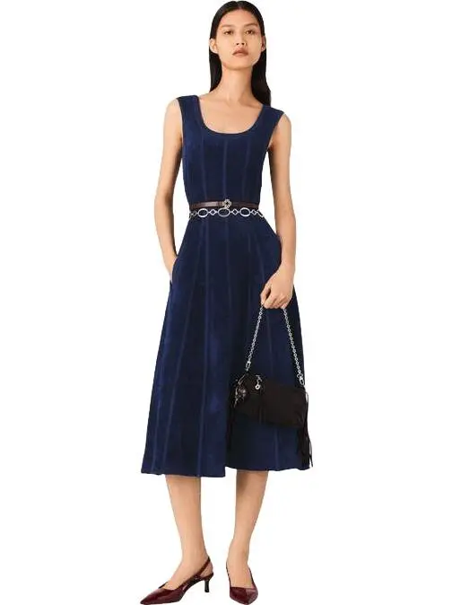 Maje Velvet Skater Midi Dress - Navy