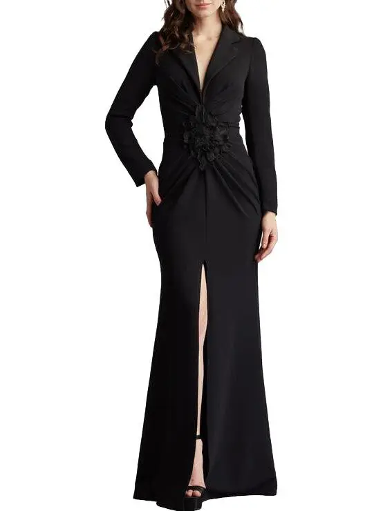 Tadashi Shoji Embroidered Crepe Flower Long Sleeve Body-con Gown - Black