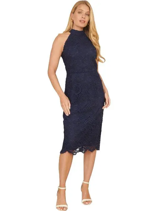 YUMI Lace Halter Neck Midi Dress - Navy
