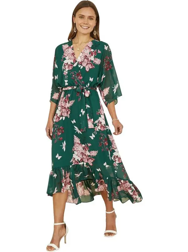 YUMI Floral Dipped Hem Dress - Green