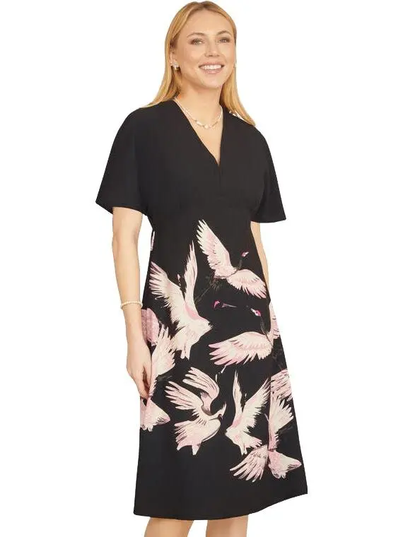 YUMI Crane Print Midi Dress - Black