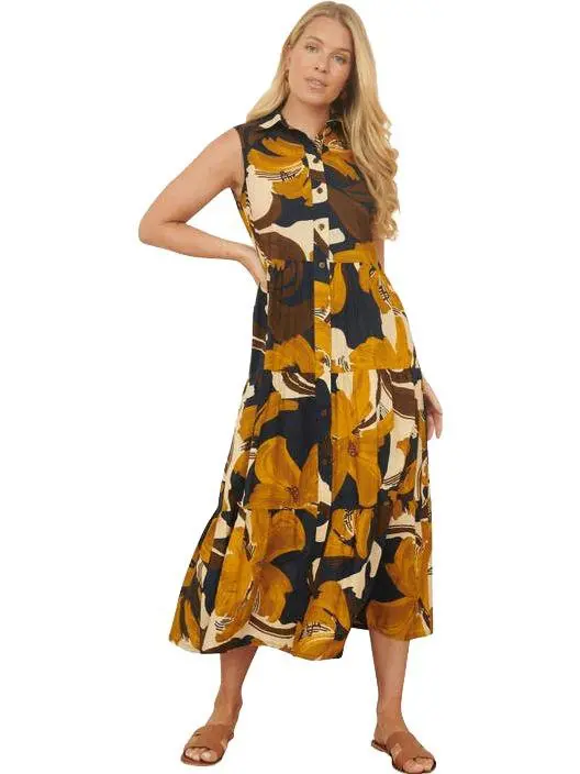 YUMI Cotton Leaf Print Midi Shirt Dress - Navy