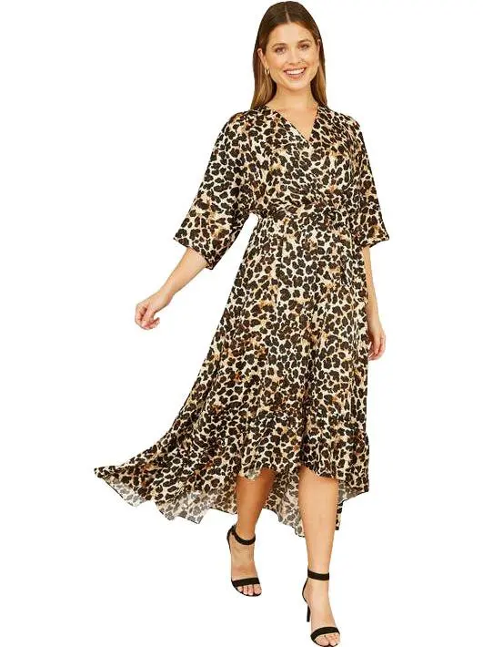 YUMI Leopard Print Kimono Sleeve Wrap Dress - Brown