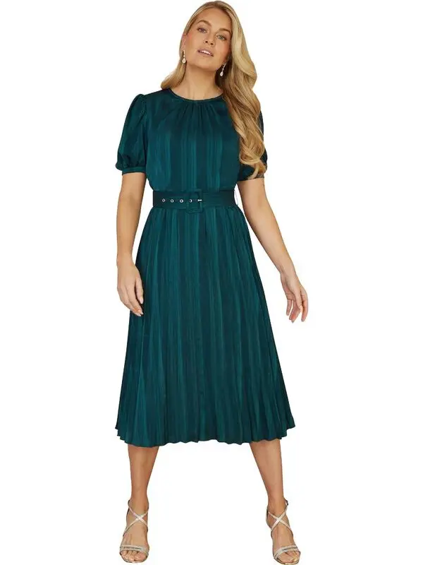 YUMI Satin Pleated Stripe Midi Dress - Green