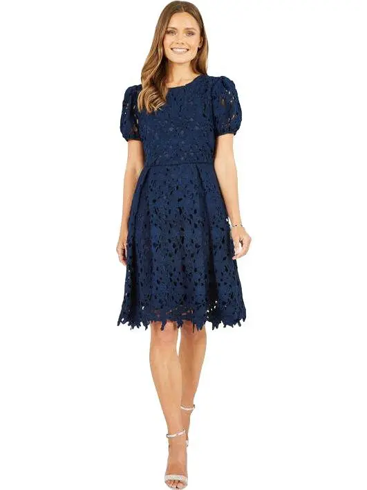 YUMI Lace Puff Sleeve Skater Dress - Navy