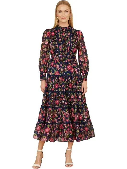 YUMI Blossom Print Lace Trim Maxi Dress - Navy