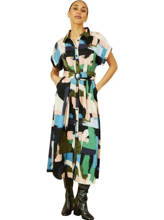 YUMI Brushstroke Print Relaxed Shirt Dress - Multi