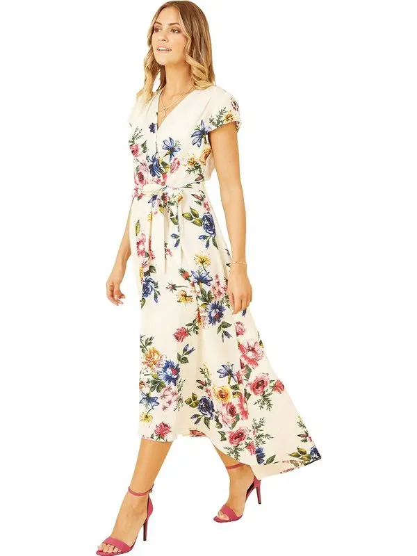 YUMI Floral Print Dip Hem Wrap Midi Dress - Ivory