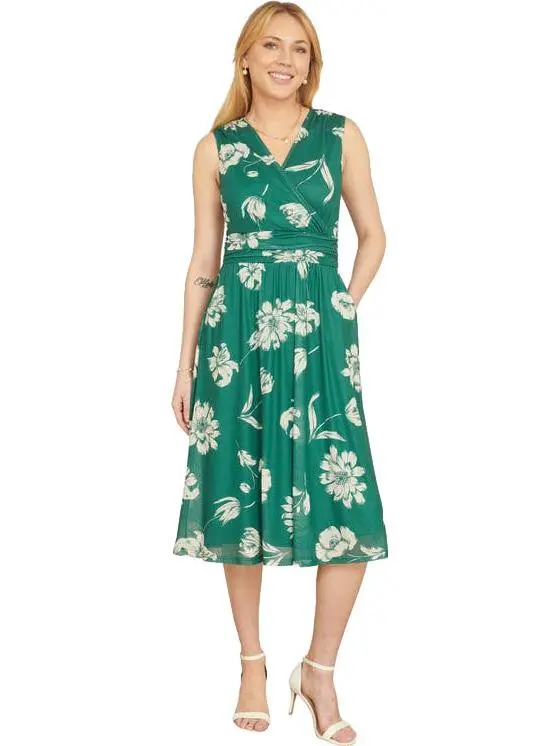 YUMI Floral Print Stretch Mesh Midi Dress - Green