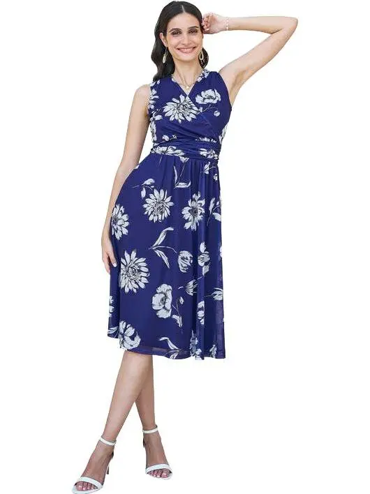 YUMI Floral Print Stretch Mesh Midi Dress - Navy