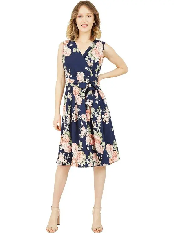 YUMI Floral Rose Print Wrap Sleeveless Dress - Navy