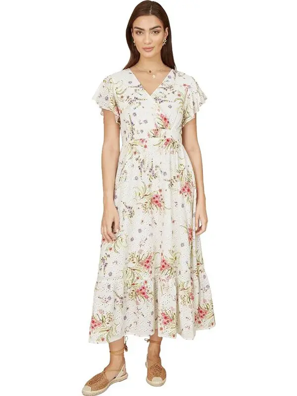 YUMI Floral Broderie Anglaise Wrap Midi Dress - Ivory