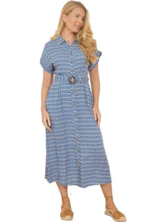 YUMI Belted Midi Shirt Dress - Blue