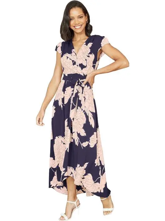 YUMI Blossom Print Dipped Hem Wrap Midi Dress - Navy
