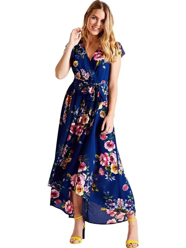 YUMI Floral Print Dipped Hem Wrap Midi Dress - Navy