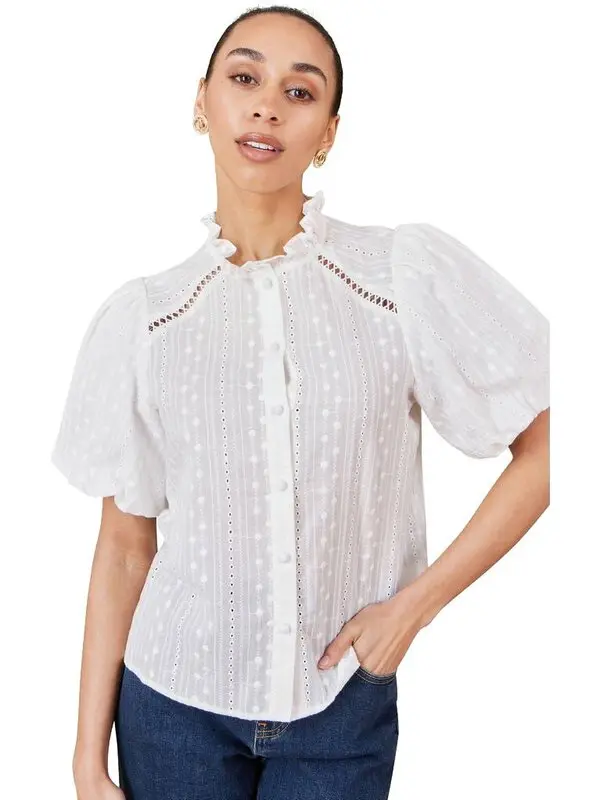 YUMI Broderie Anglaise Puff Sleeve Shirt - White