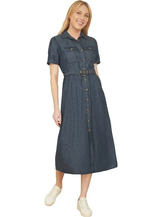 YUMI Chambray Denim Utility Midi Shirt Dress - Blue