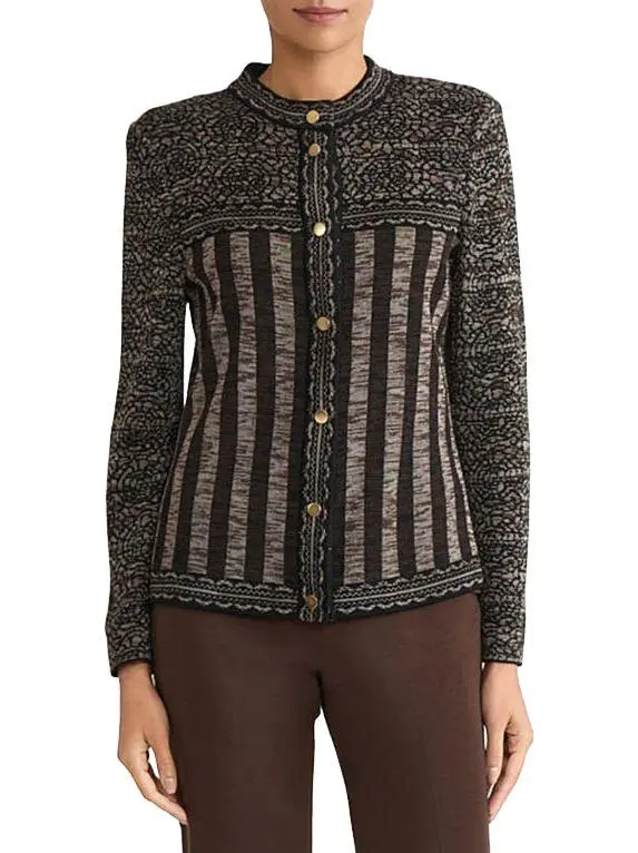 Ming Wang Mosaic Knit Snap-up Sweater Jacket - Dark Umber/black/twig