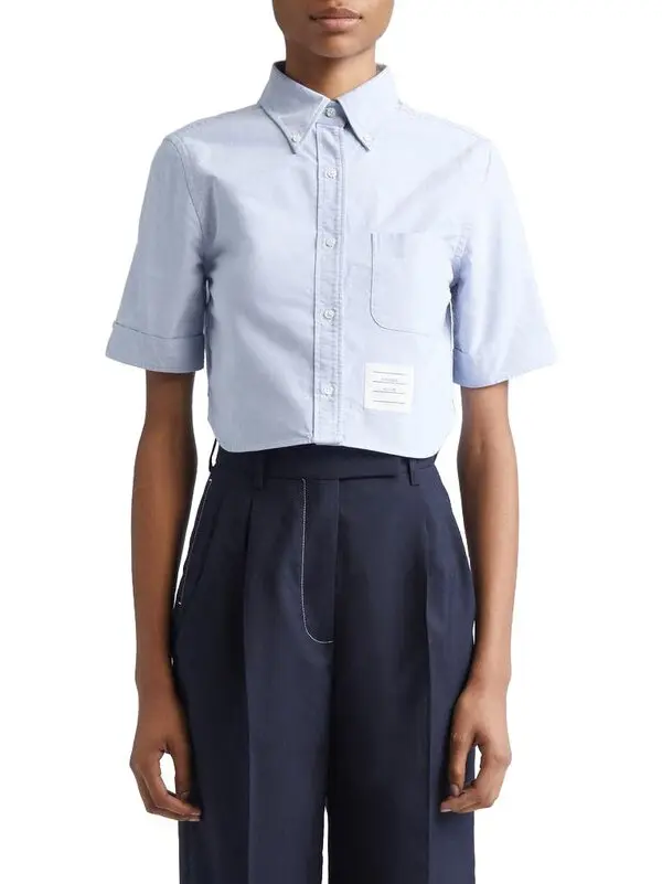 Thom Browne Cotton Oxford Crop Button-down Shirt - Light Blue