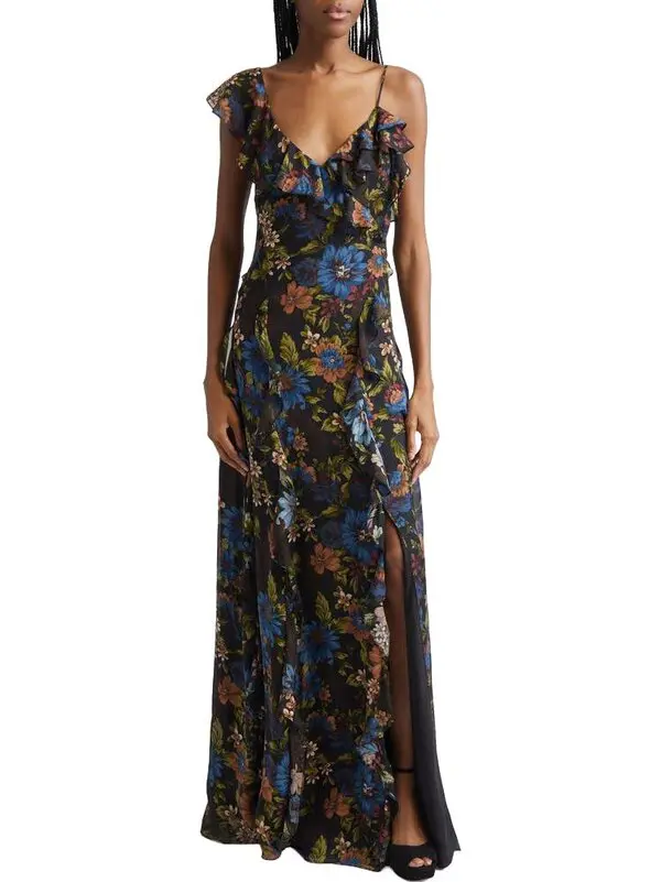 Veronica Beard Floral Print Ruffle Gown - Black Multi